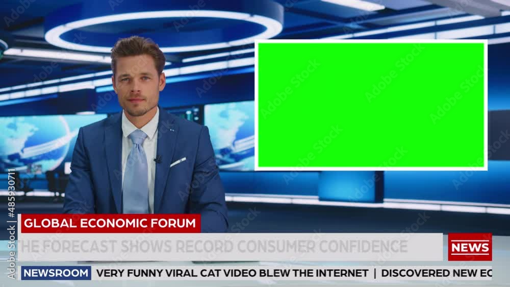 Newsroom TV Studio Live News Program: Caucasian Male Presenter ...