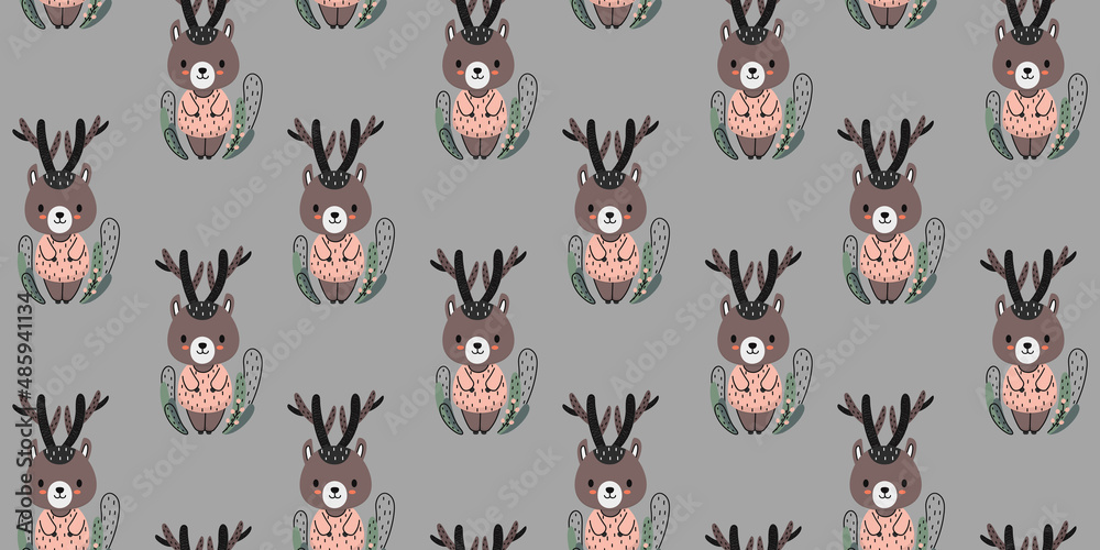 Seamless pattern of little cute cartoon deer girls in a short pink ...