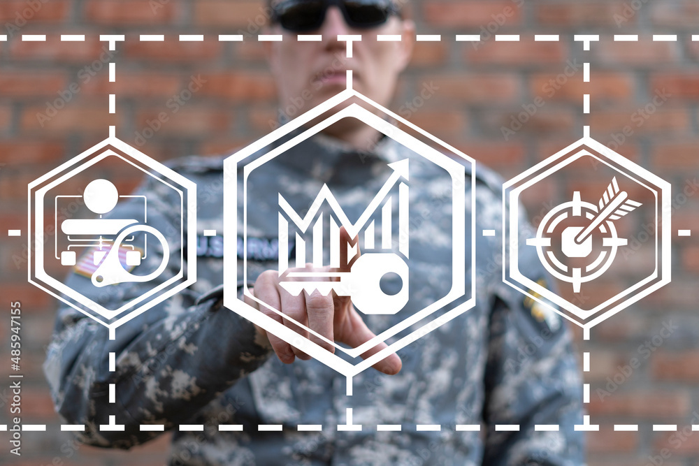 Soldier using virtual touchscreen presses a button of growing graph ...