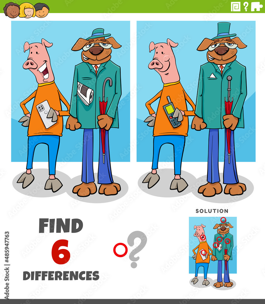 differences game with cartoon dog and pig characters Stock Vector ...