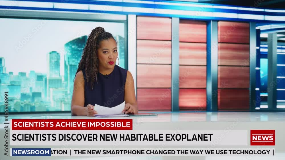 TV Studio Live News Program: Black Female Presenter Reporting on ...