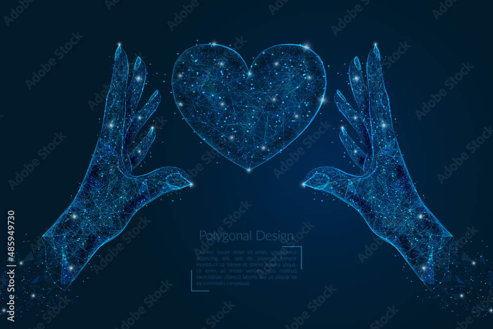 Abstract isolated image of human hand holding heart. Polygonal low poly ...