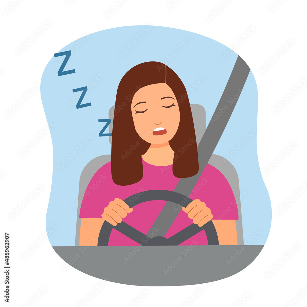Young woman sleeping while driving car in flat design on white ... Young woman sleeping while driving car in flat design on white ...