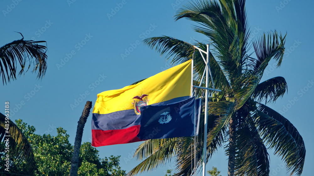 Navy and Ecuadorian flags flying above a navy base on Academy Bay in ...