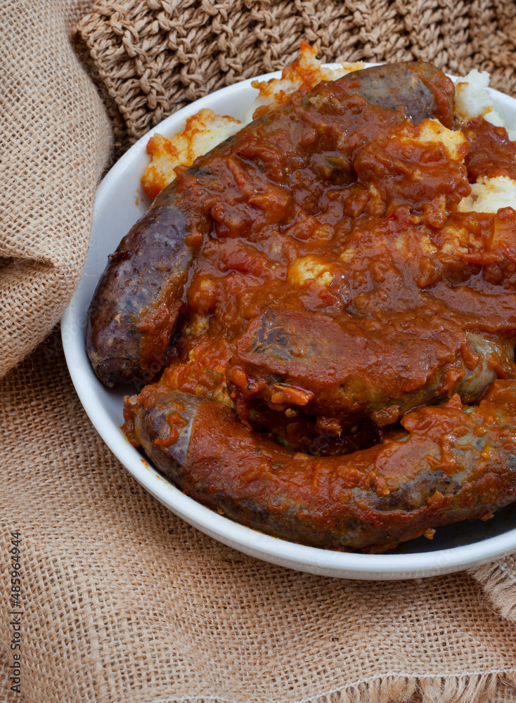 Traditional south African pap and Wors, maize meal with sausage and ...