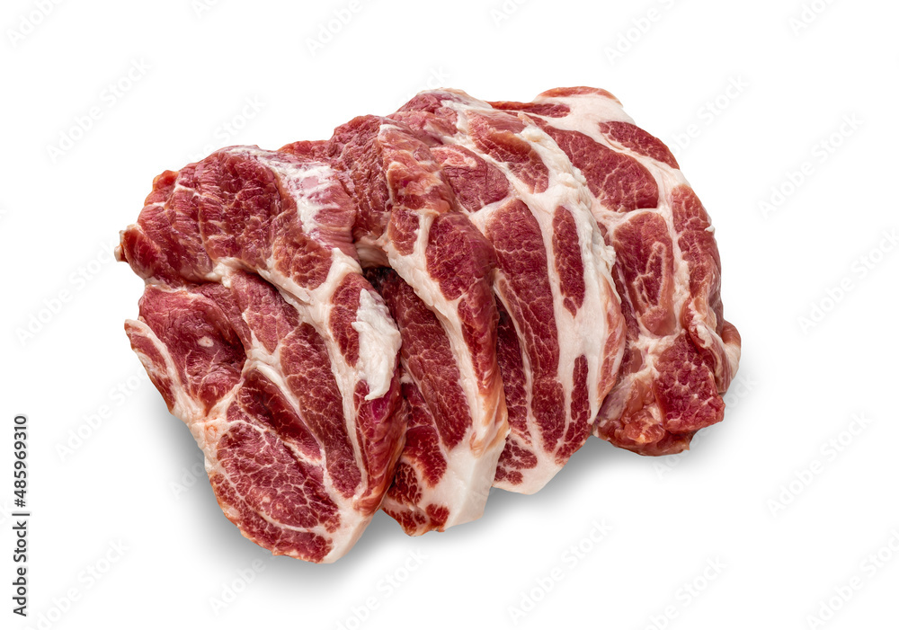 Raw cuts of pork meat on white background. Fresh raw pork steaks. fresh ...