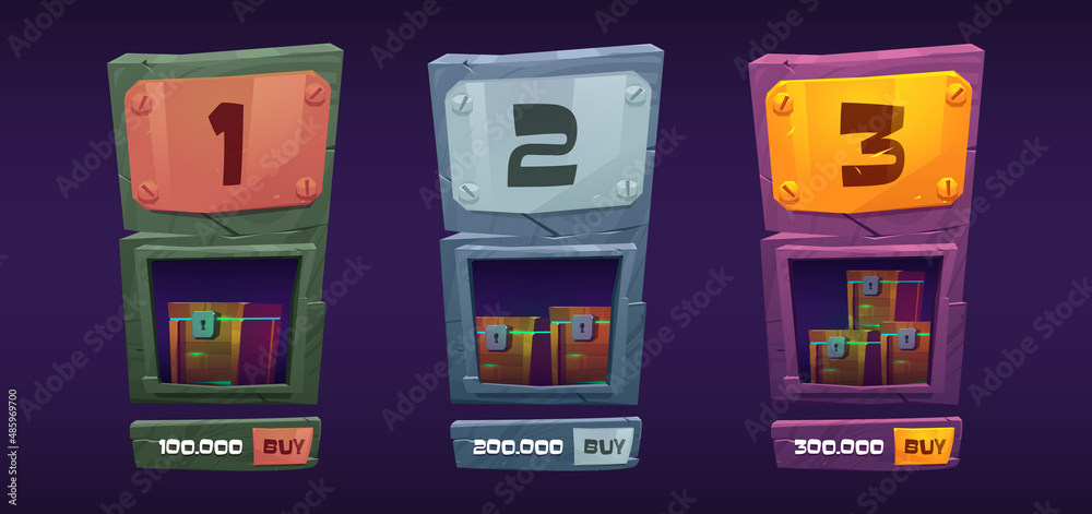 Game shop banners, wooden boards with gold, silver and bronze plates ...