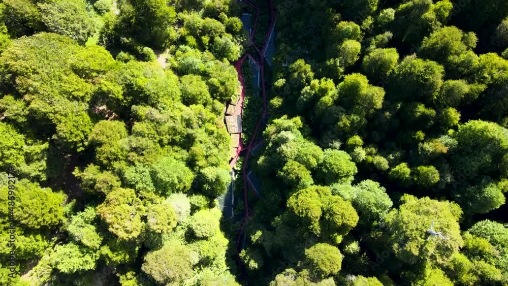 Aerial top down over Termas Geometricas hot spring complex in ravine ...