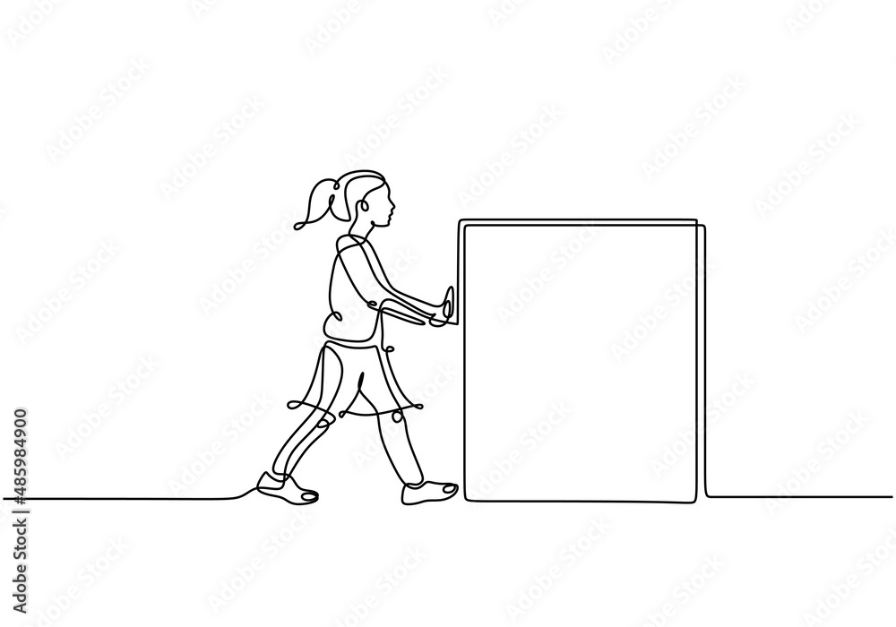 One single line drawing of young girl move the box by herself without ...
