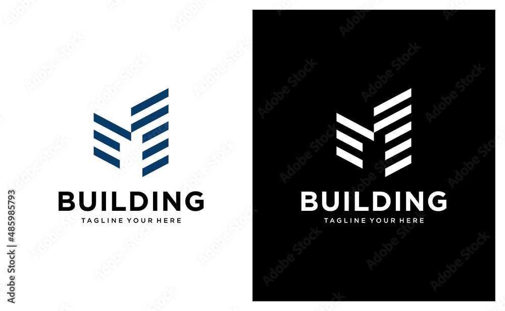 Letter M Building Vector Logo Template. on a black and white background ...
