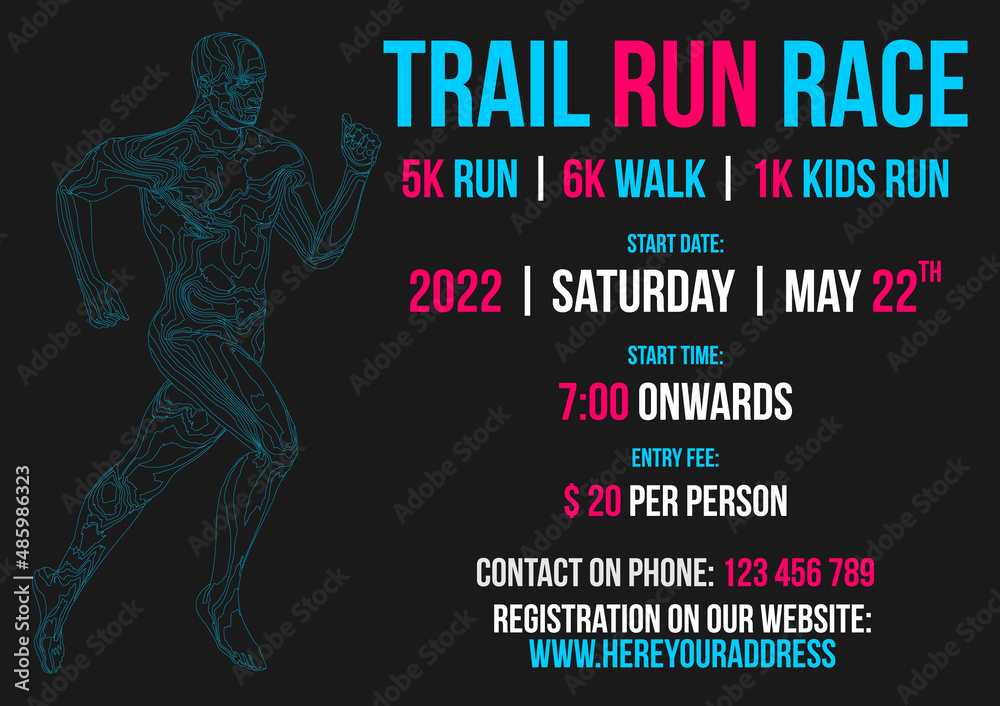 Trail run race vector flyer, label with blue outline runner silhouette ...