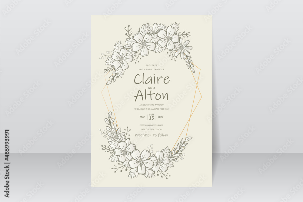Wedding invitation template with floral outline decoration Stock Vector ...