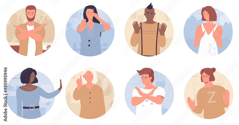 People with stop gesture in round avatar set vector illustration ...