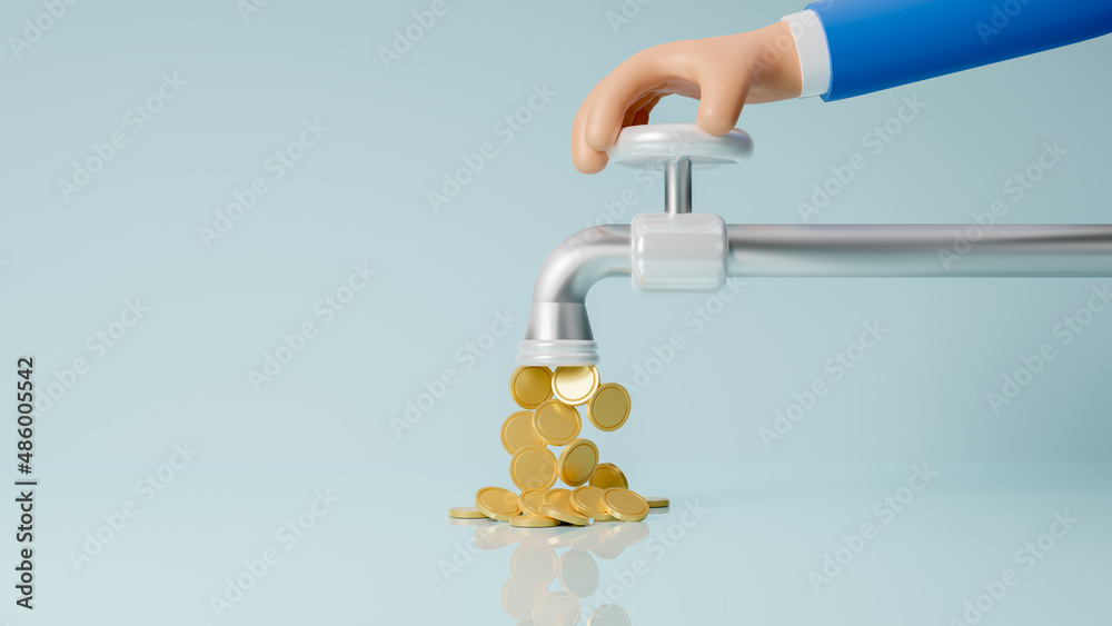 3d hand opens drain money from the tap on blue background, gold coins ...