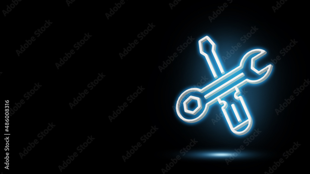 3d tools on black background. Neon tools with black background. Light ...