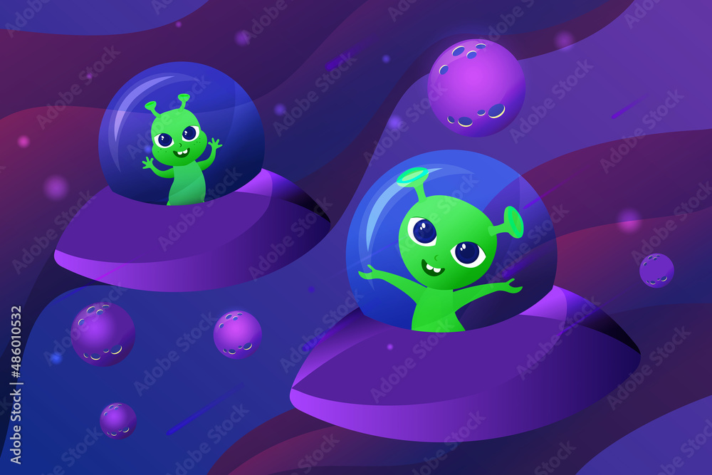 Friendly green aliens fly in flying saucers in purple outer space. The ...