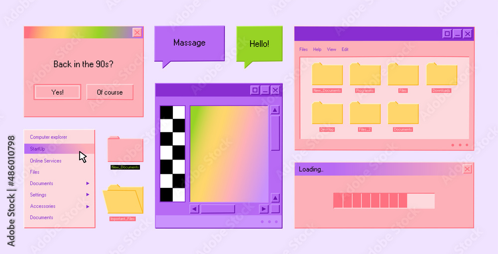 Set of retro user interface tabs and icons. Old computer windows with ...