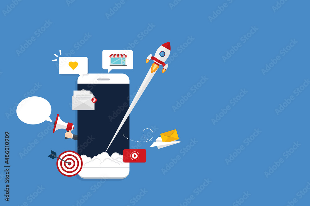 App launch. Startup vector concept, flat cartoon rocket or rocketship ...