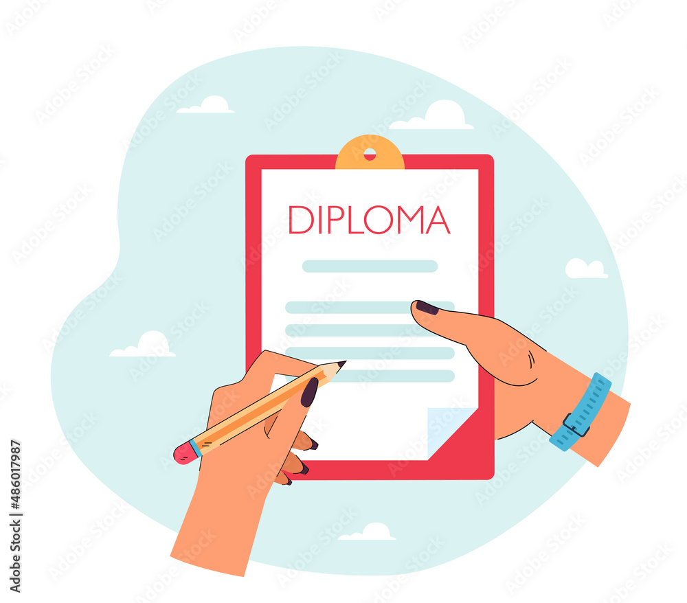 Graduate hands holding pencil and diploma. Person writing on high ...