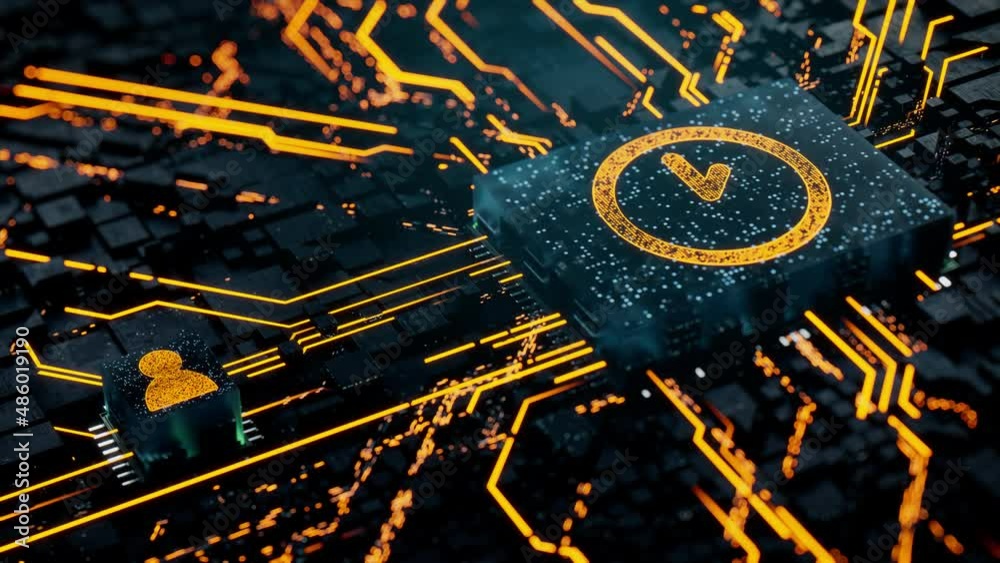 Time Technology Concept with clock symbol on a Microchip. Orange Neon ...