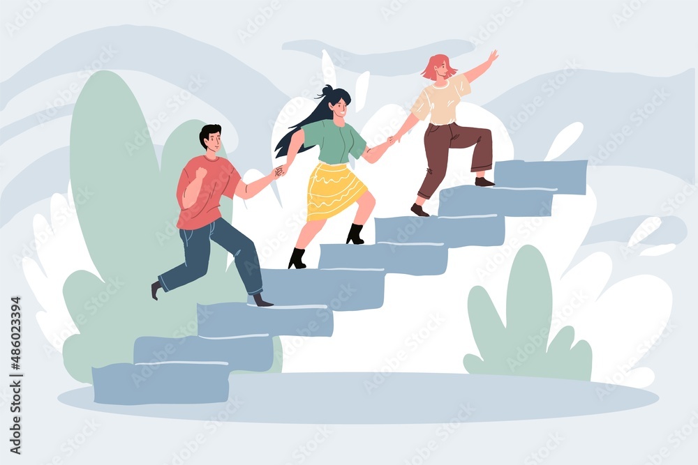 Vector flat cartoon characters runs up the stairs holding hands,helping ...