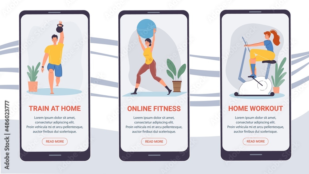 Set of vector flat cartoon characters doing sports on smartphone online ...