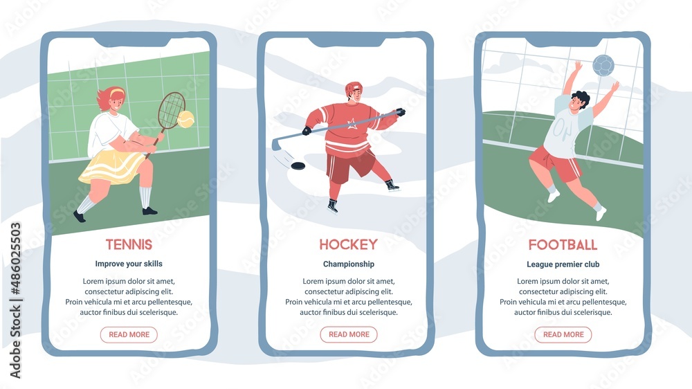 Set of vector flat cartoon characters doing sport on smartphone online ...
