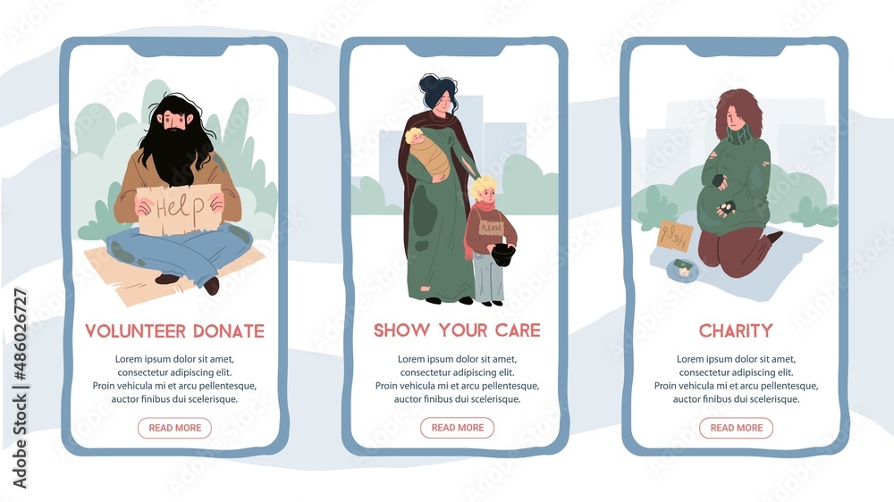 Set of vector flat cartoon homeless characters on smartphone online app ...