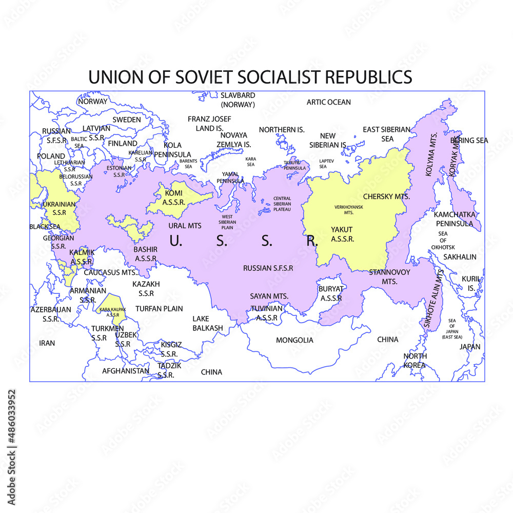map of USSR, united soviet socialist republic, autonomous republics of ...