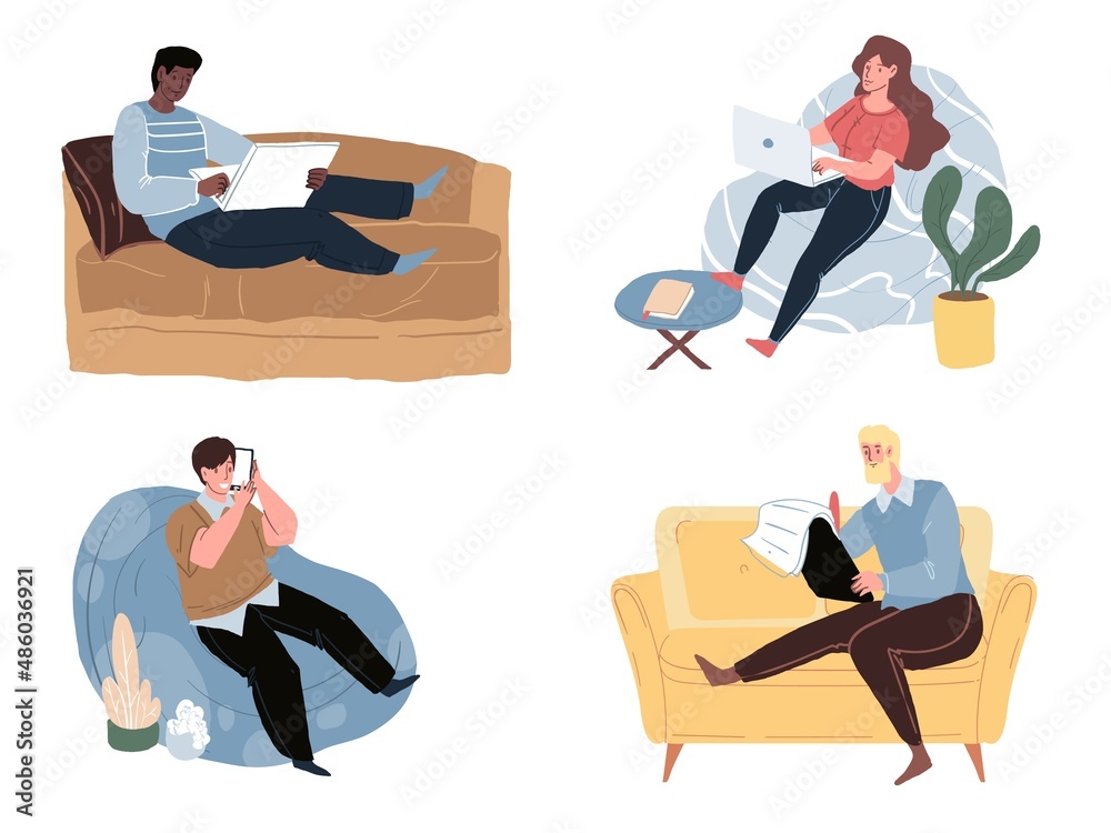 Set of vector cartoon flat characters sit,relax on sofa and chairs ...