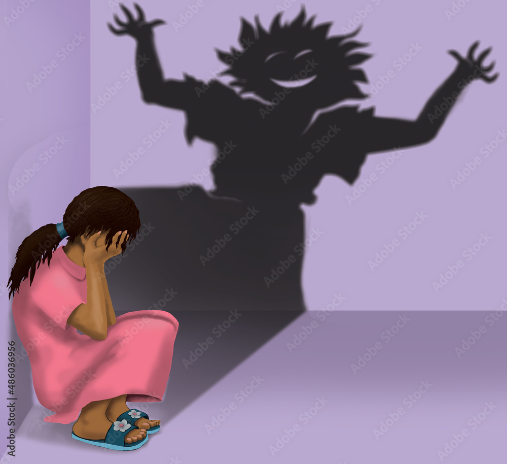 The crying girl in the shadows is a terrible girl. A symbol of horror ...