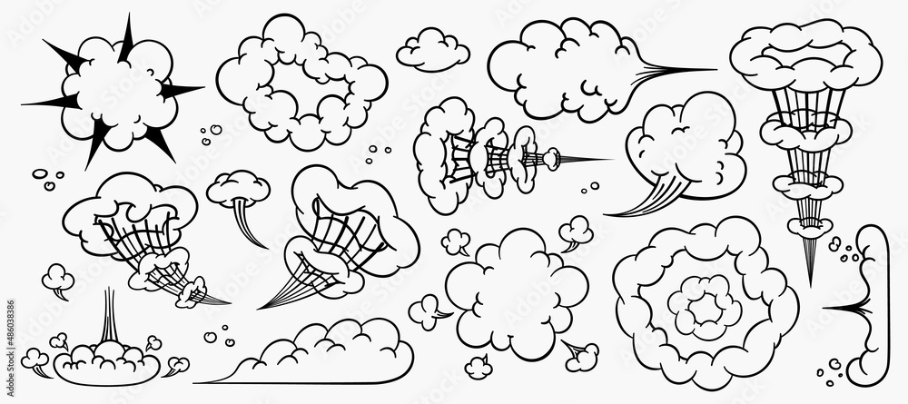 Comic clouds, cartoon vector clouds in line style isolated on light ...