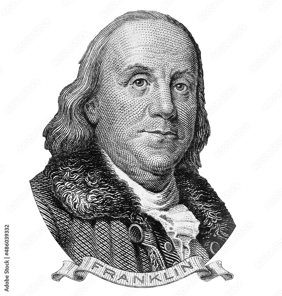 Benjamin Franklin portrait Of Series 1928 A , US dollars banknote. Vertical close up Old ...
