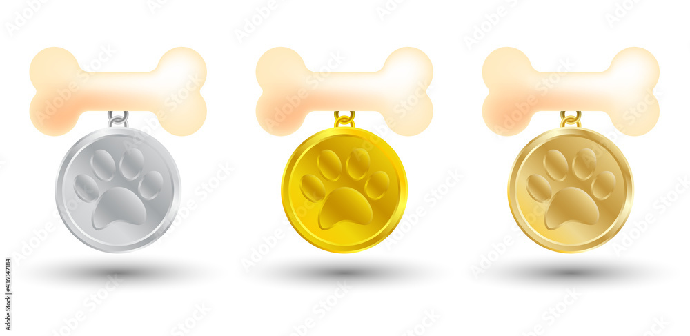 realistic gold medal with paw print and bone for champion dog. Prize ...