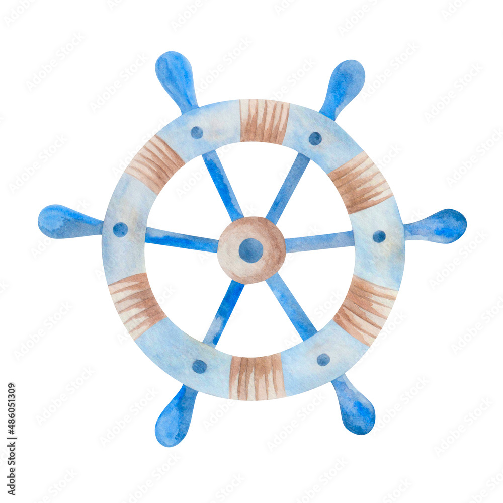 Watercolor illustration of hand painted blue steering wheel with brown ...