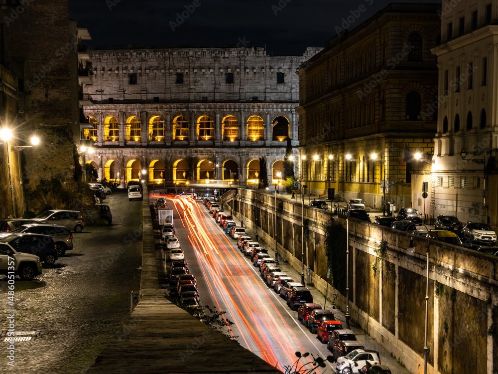 Cars light trails near the Coloseum, Rome, Italy. Also Known As Flavian ...