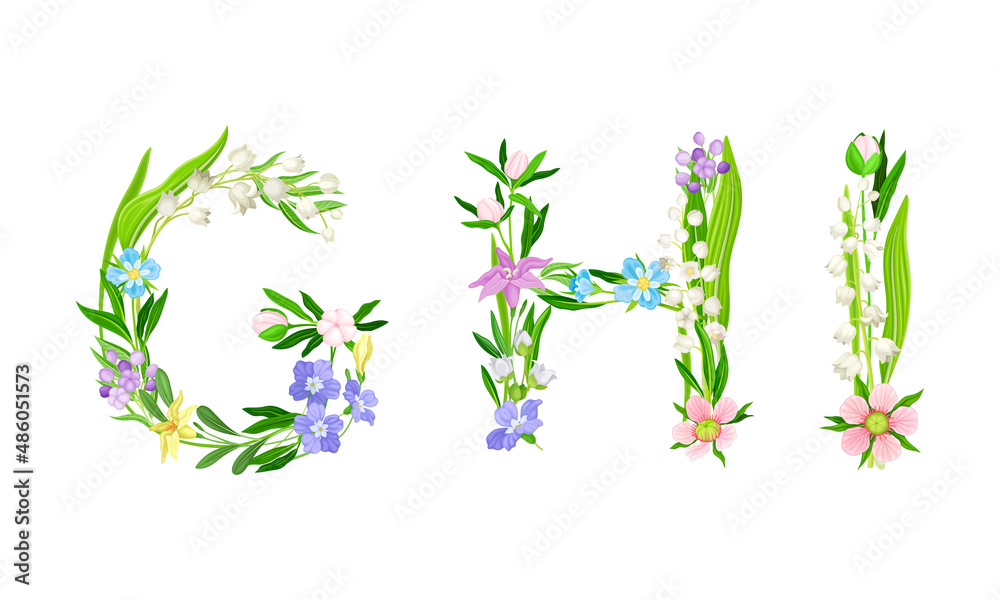 G,H,I uppercase letters made of leaves and flowers. Floral alphabet for ...
