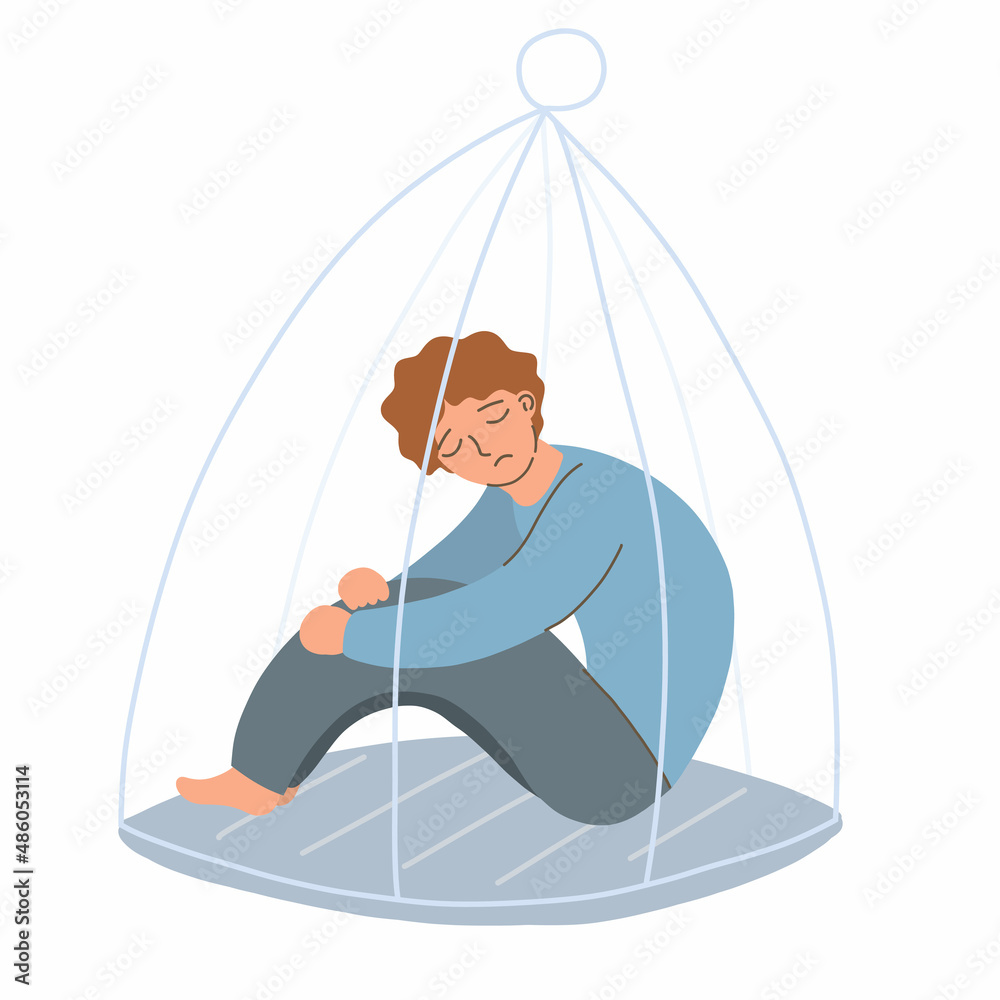Depressive person in cage. Frustrated, confused cartoon man is sitting ...