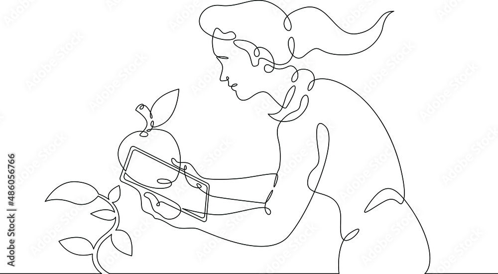 One continuous line.Augmented reality. Agronomist bioengineer using a ...