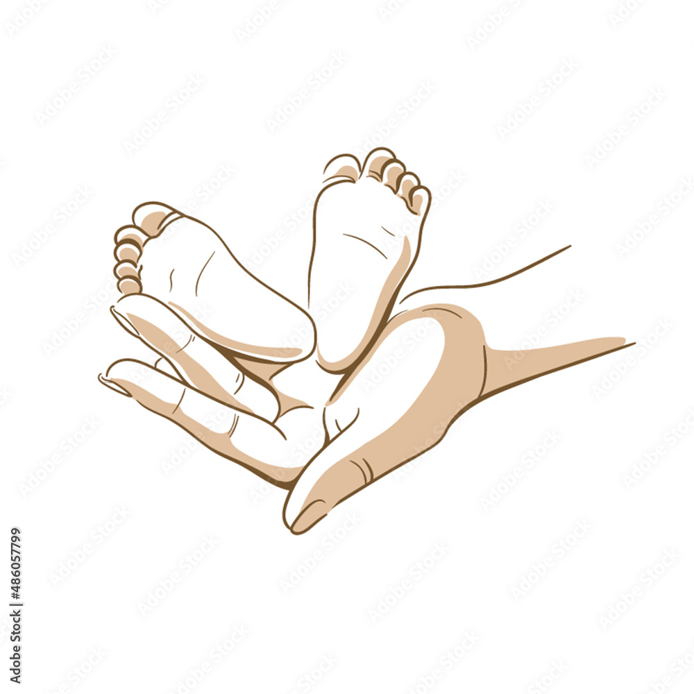 Line art sketch of baby feet in mother hands; Happy family maternity ...