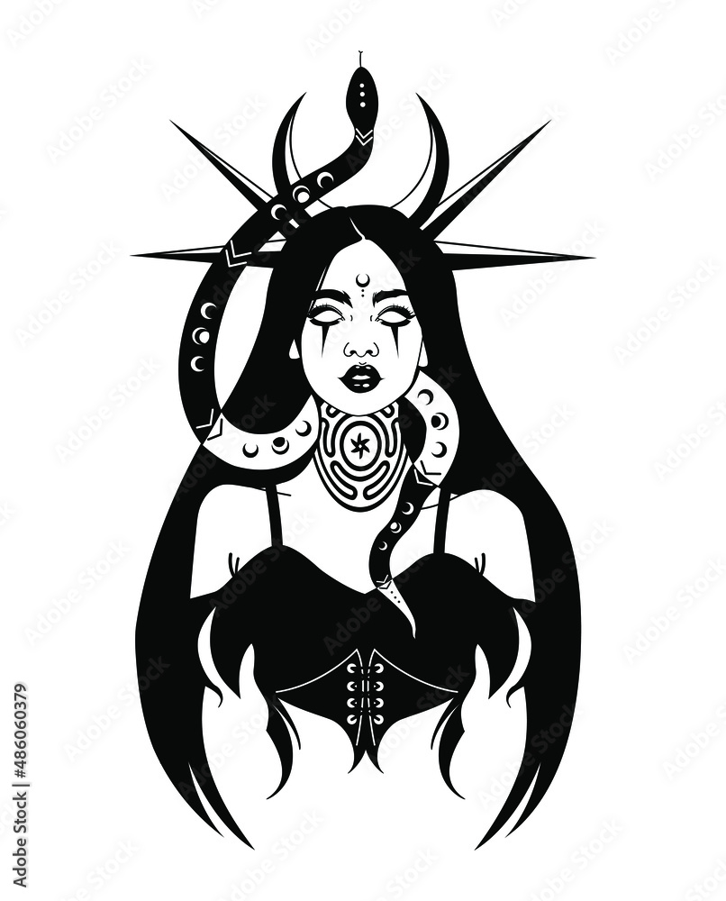 Lunar Goddess Hecate with snake ancient Greek mythology hand drawn ...