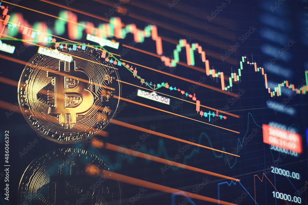 Gold bitcoins with Candle stick graph chart and digital background ...