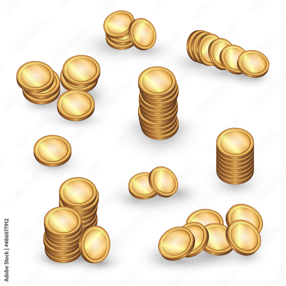 Cartoon realistic metal coin pile. Stack of golden coins in different ...