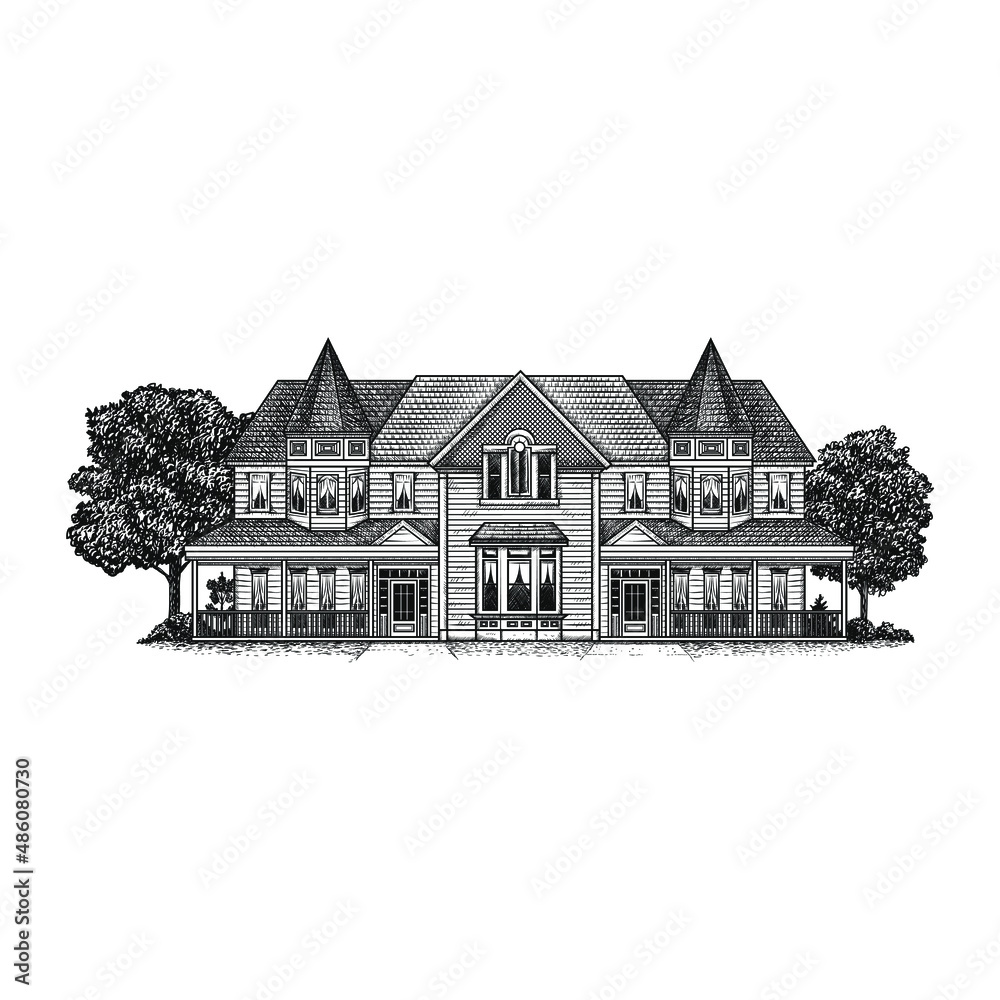 Victorian Style House Vector Illustration. Vector drawing, handrawn ...