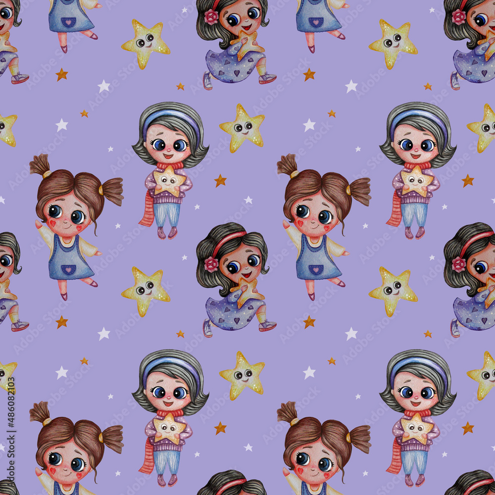Seamless baby pattern. beautiful girl in dress caught star and runs ...