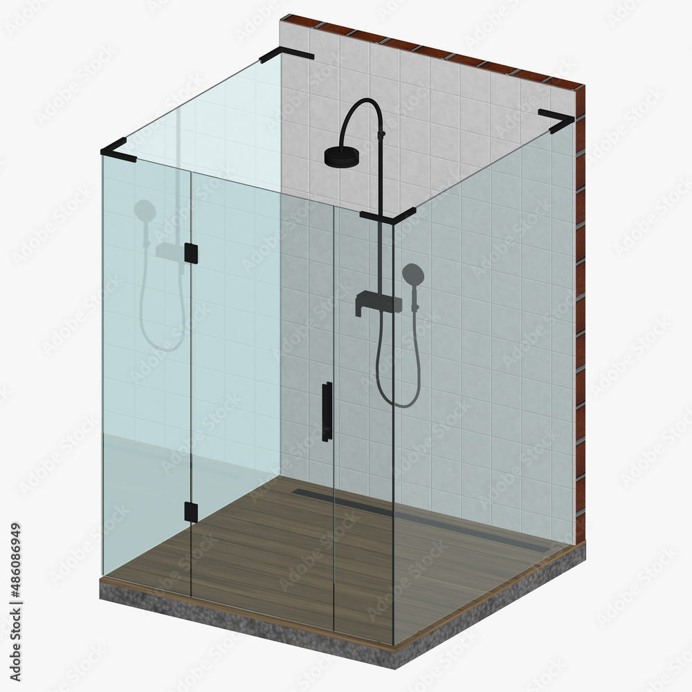 Schematic representation of a shower cabin. 3D shower screen. Shower ...