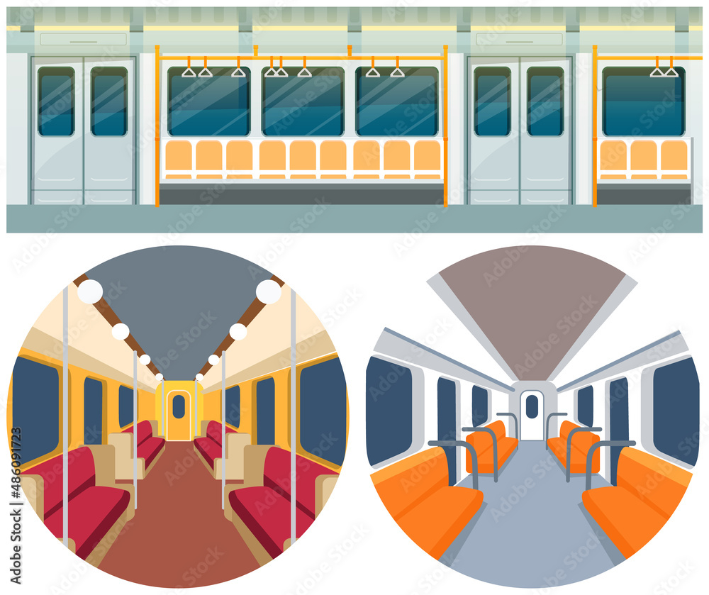 Vetor de Interior of modern passenger train inside. Traveling by train ...