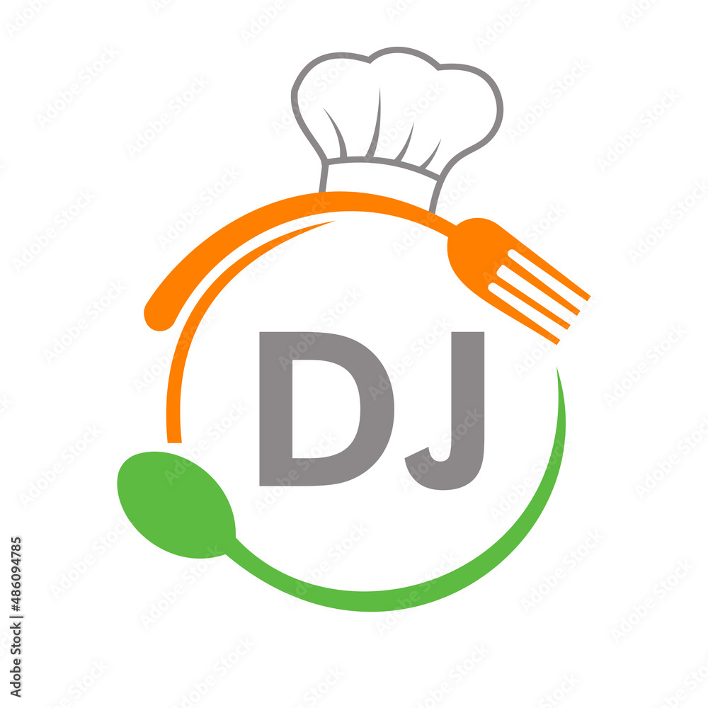 Letter DJ Restaurant Logo with Chef Hat Spoon And Fork Template ...