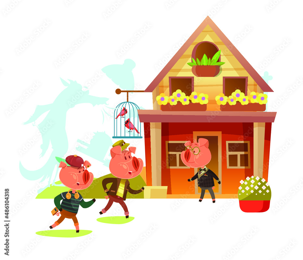 Three pigs. Old fairy tales in a new way. Three little pigs and a gray ...