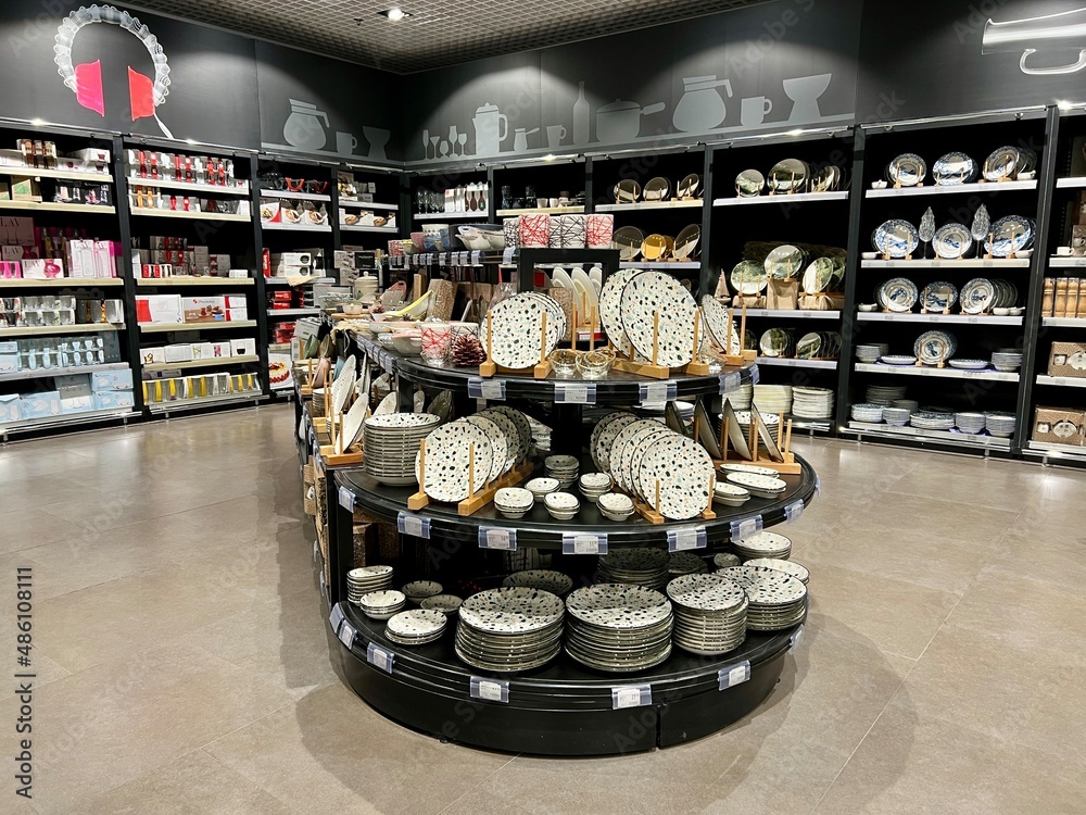 Istanbul, Turkey - February 09, 2022; Display shelves with kitchen ...